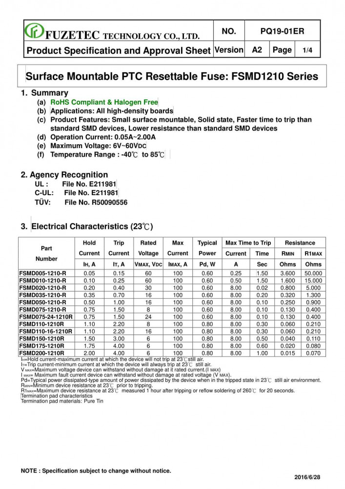FUZETEC FSMD1210 specification sheet page 1