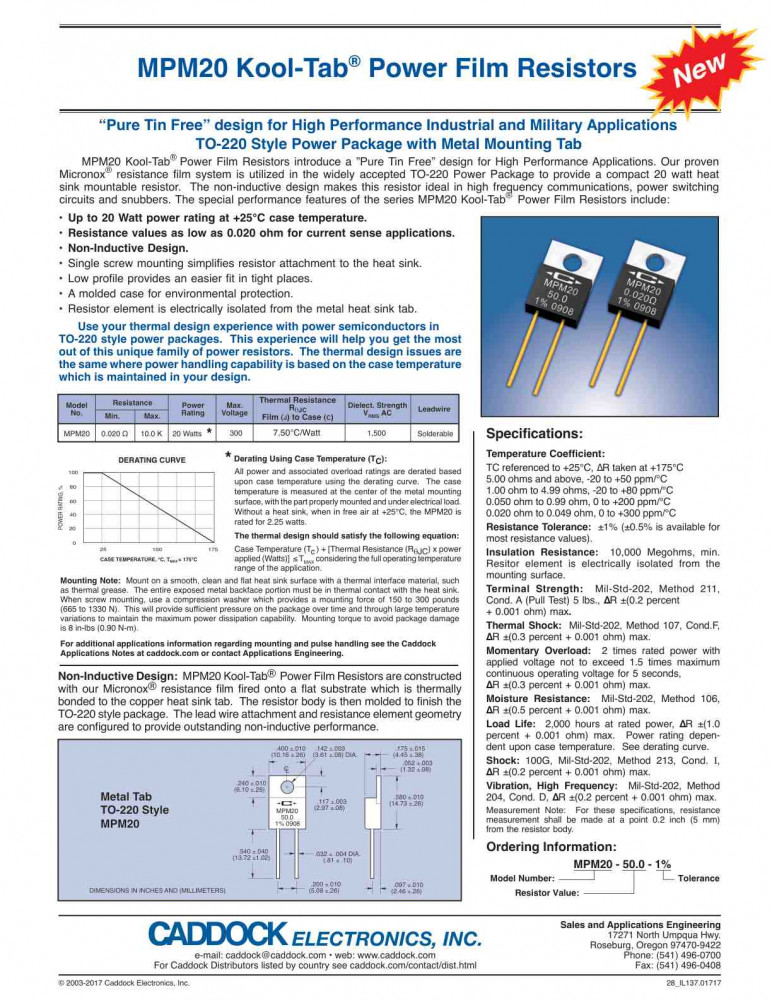Caddock MPM20 Kool-Tab power film resistor datasheet page