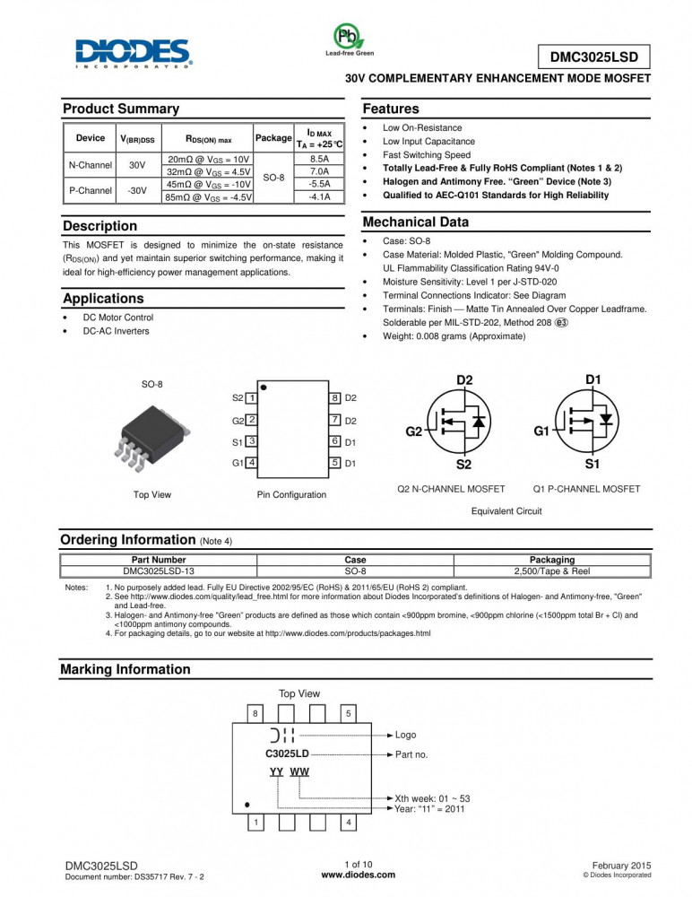 DMC3025LSD-13 datasheet page 1