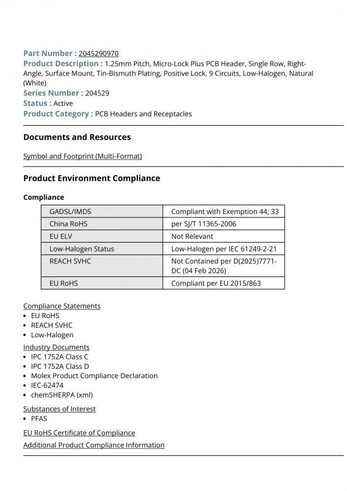 Technical document page 1 for Molex 2045290970