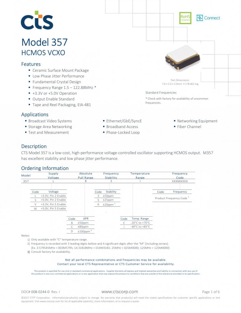 CTS Model 357 datasheet page 1