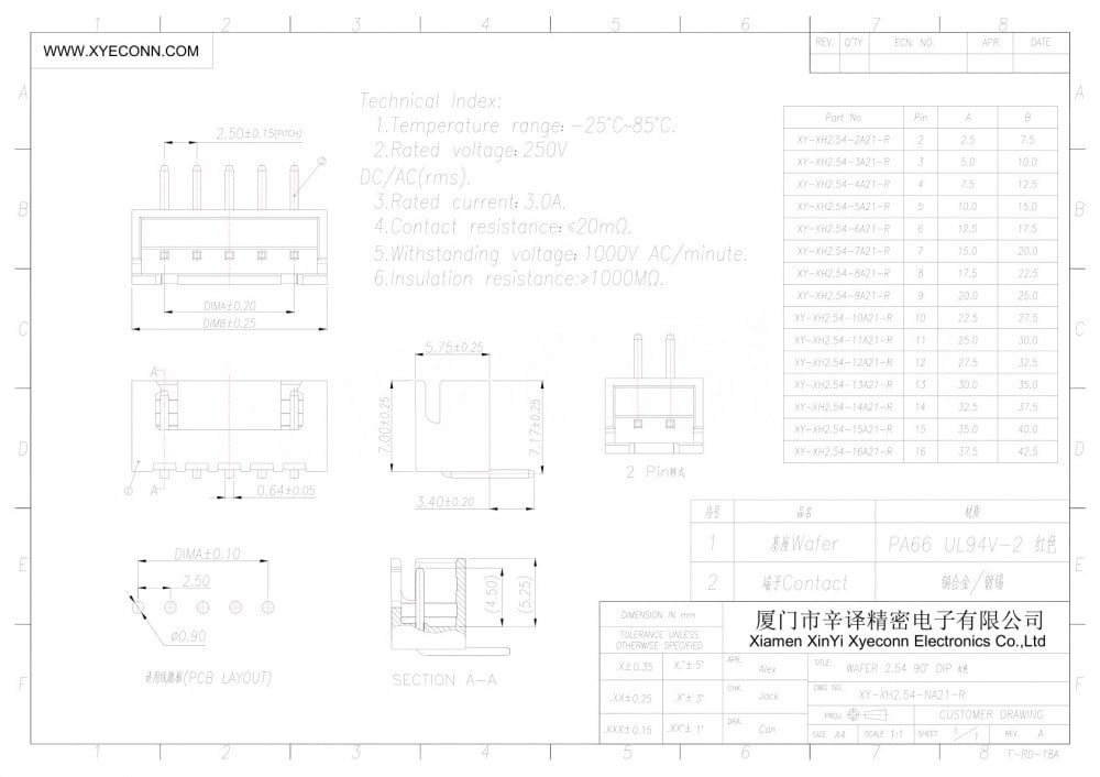 XY-XH2.54-5A21-R technical document preview