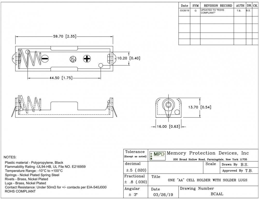 MPD BCAAL one AA cell holder drawing