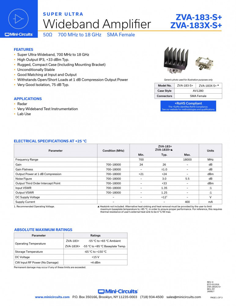 ZVA-183X-S+ datasheet page 1