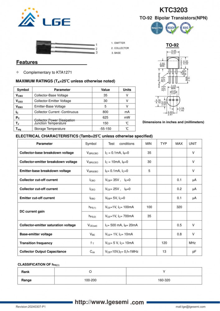 KTC3203Y LGE datasheet page 1