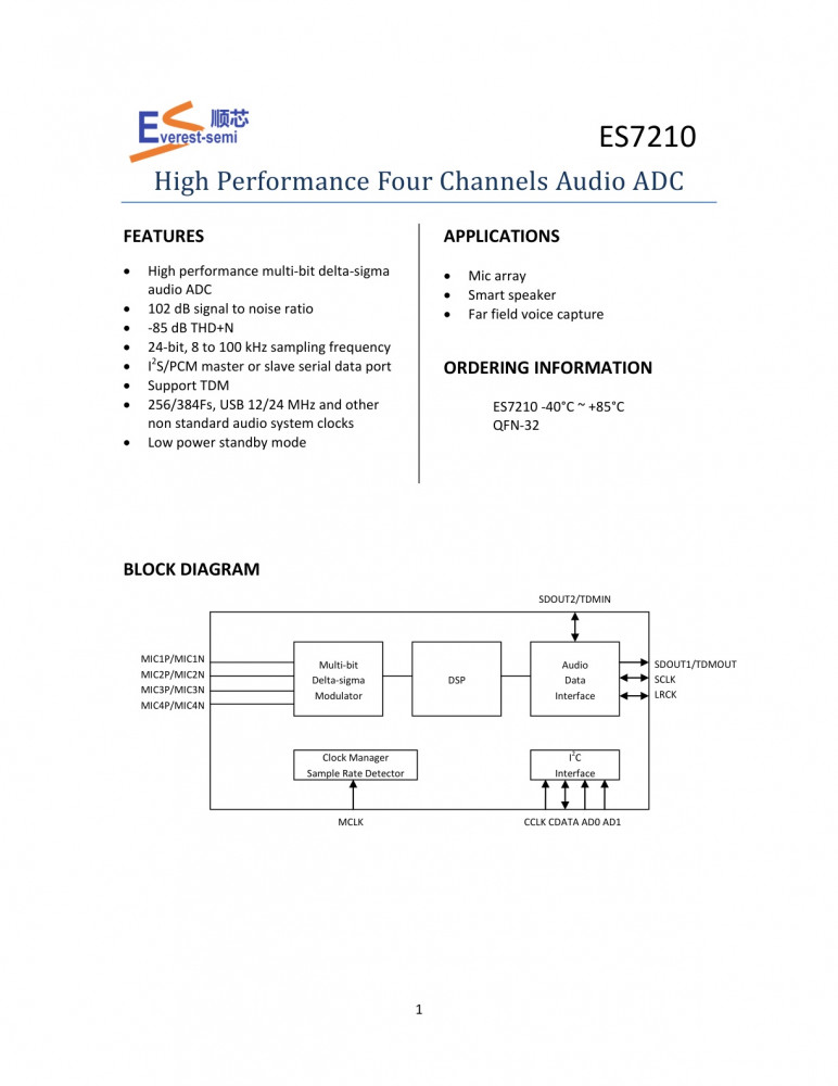 ES7210 datasheet page 1