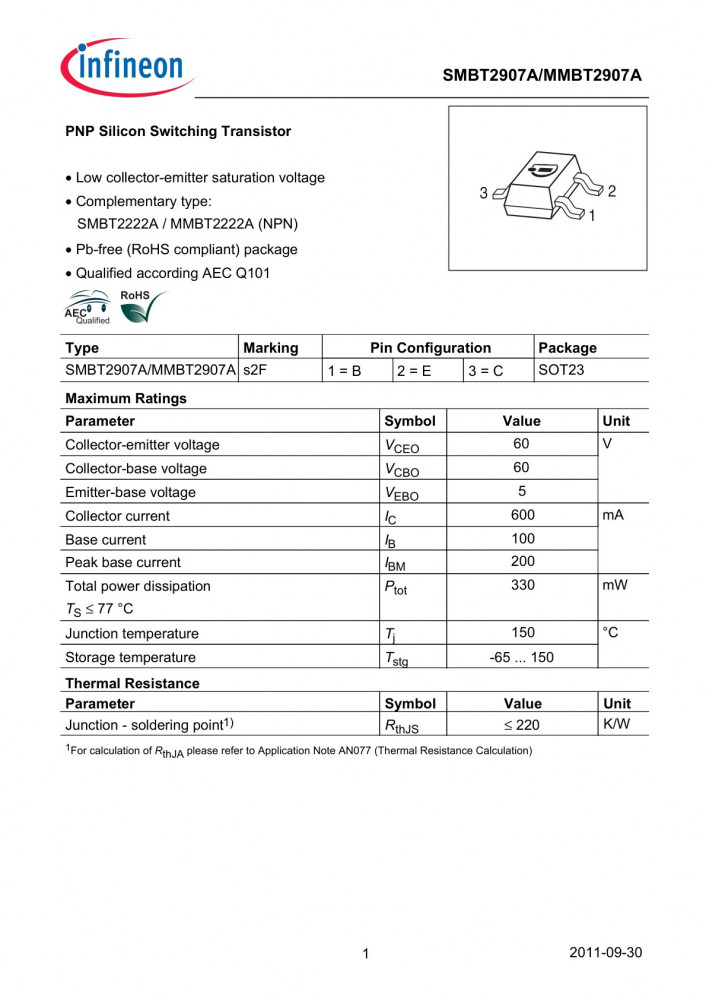 Infineon MMBT2907A datasheet page 1