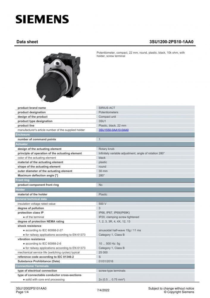 SIEMENS 3SU12002PS101AA0 datasheet page 1