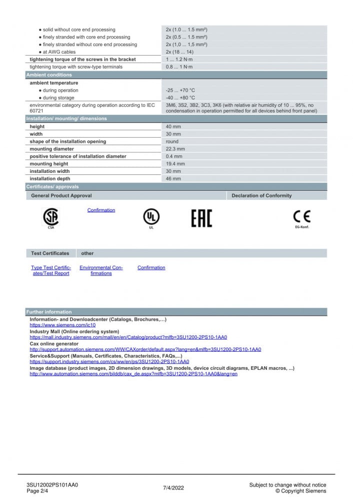 SIEMENS 3SU12002PS101AA0 datasheet page 2