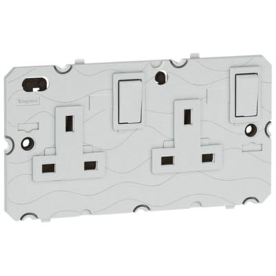 Arteor - Double pole socket - BS 1363-2 compliant - 13A 250V AC 2P+E switched twin earth - 2-gang shuttered child-safe Soft Alu finish for sale