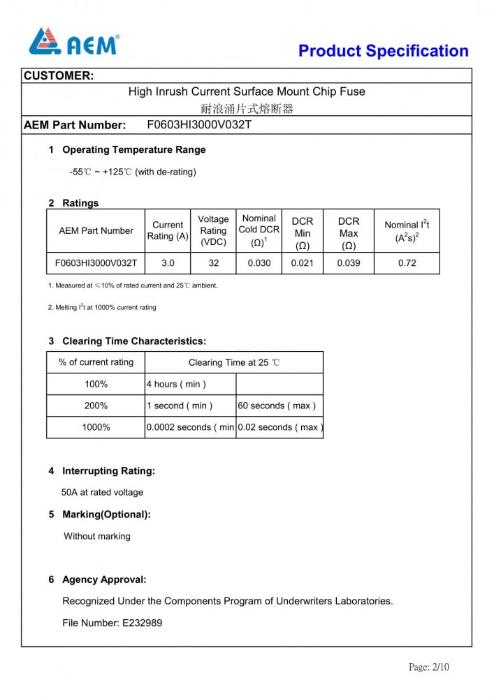 AEM F0603HI3000V032T datasheet page 2