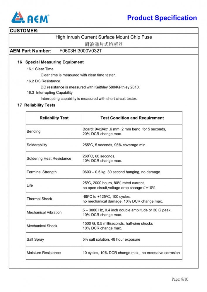 AEM F0603HI3000V032T datasheet page 8