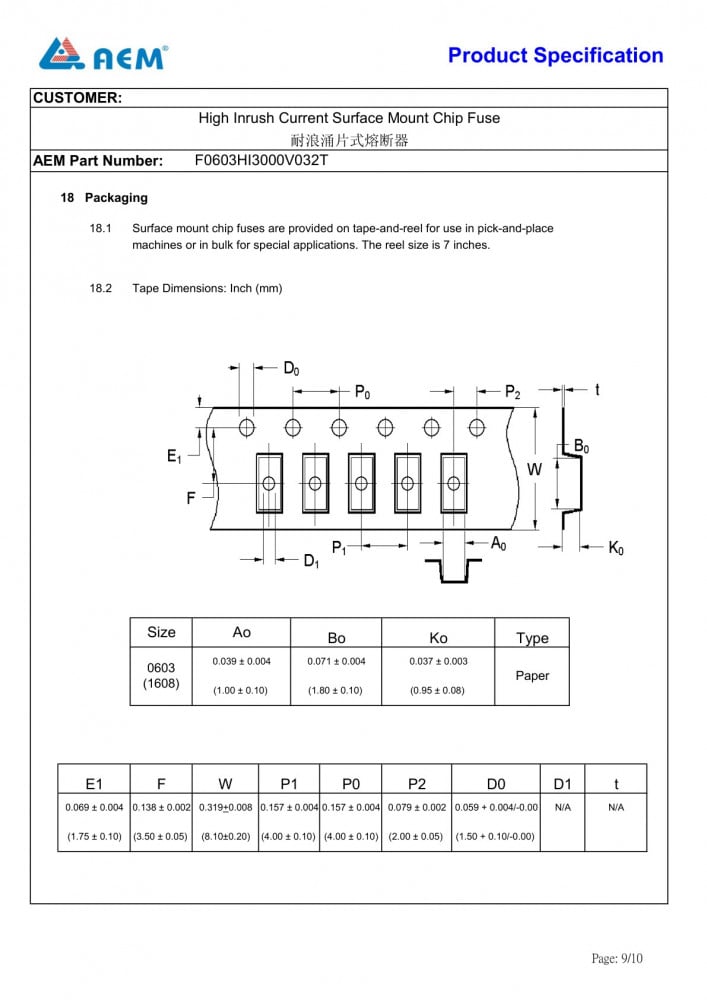 AEM F0603HI3000V032T datasheet page 9