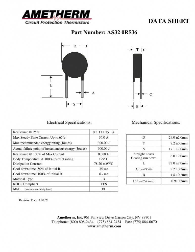 Ametherm AS32 0R536 technical document page