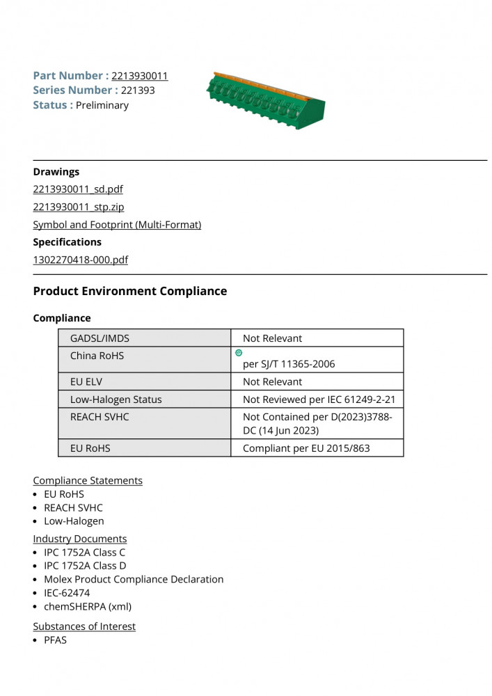 MOLEX 2213930011 technical document page 1