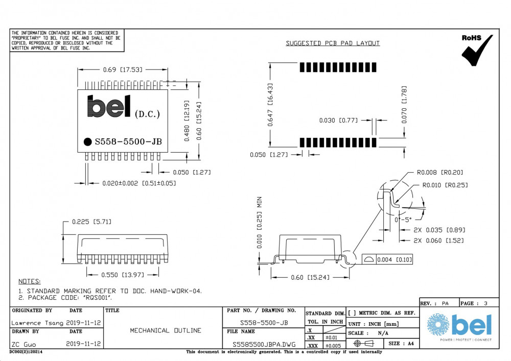 S558-5500-JB mechanical outline and PCB pad layout
