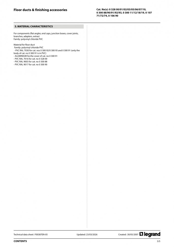 Legrand floor ducts and finishing accessories technical document, page 5
