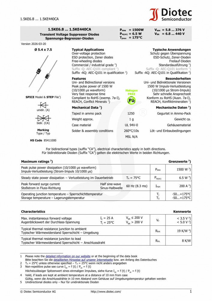 DIOTEC 1.5KE transient voltage suppressor datasheet, page 1