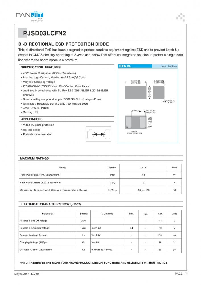 PJSD03LCFN2 datasheet page 1