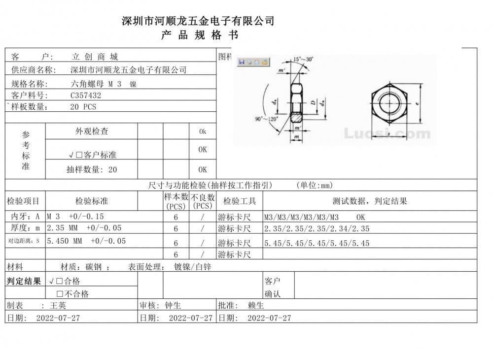 DIN934 M3nie product specification document
