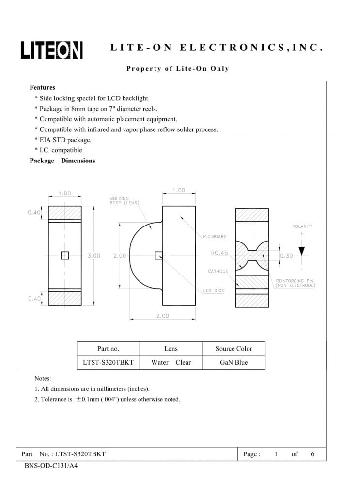 LTST-S320TBKT datasheet page 1