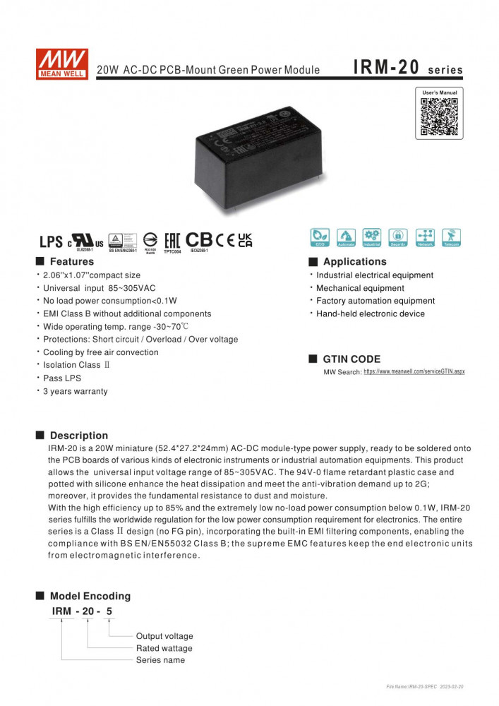 MEAN WELL IRM-20-15 datasheet page 1