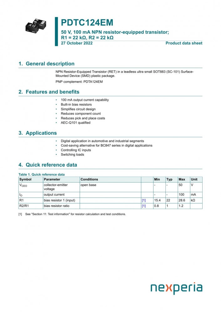 PDTC124EM datasheet page 1