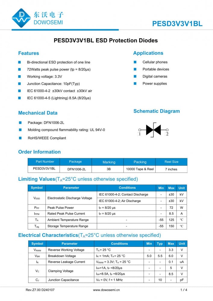 PESD3V3V1BL-DW datasheet page 1