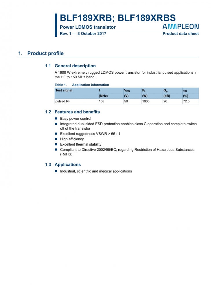 BLF189XRBSU datasheet page 1