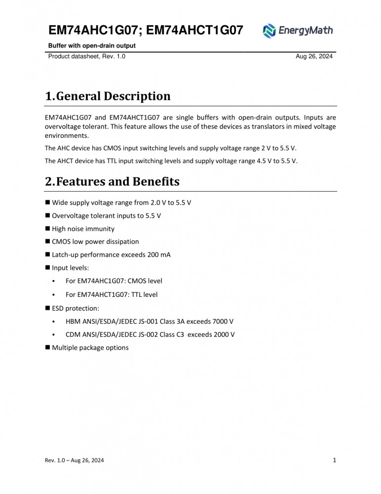 EM74AHC1G07GW datasheet page 1