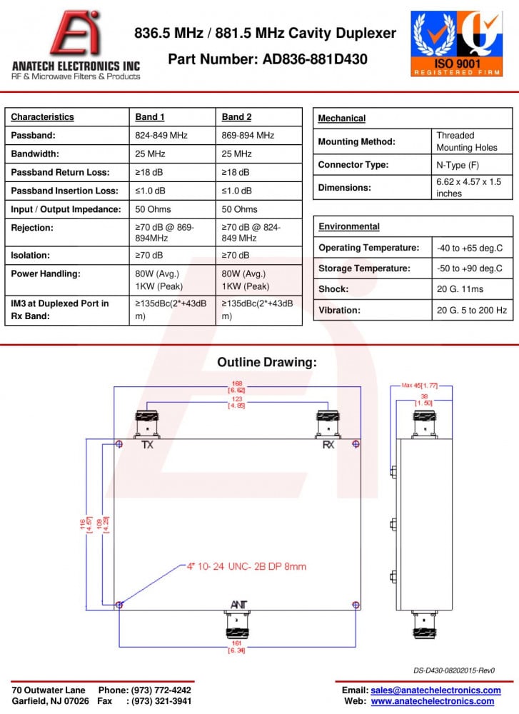 AD836-881D430 technical document page and outline drawing