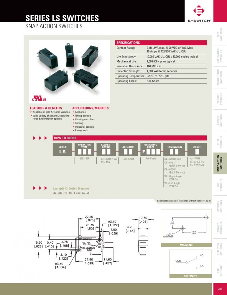 E-Switch snap-action switch documentation page 1