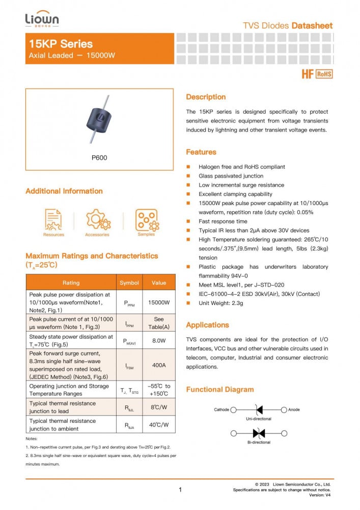 Liown 15KP series datasheet page 1