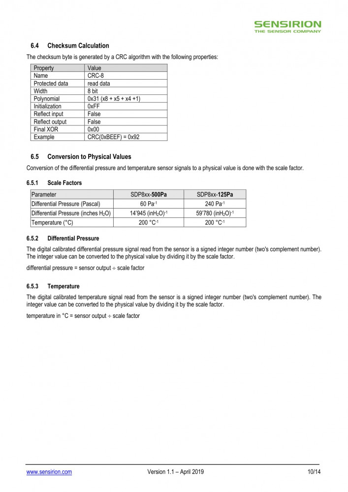 SDP8xx digital differential pressure sensor datasheet page 10