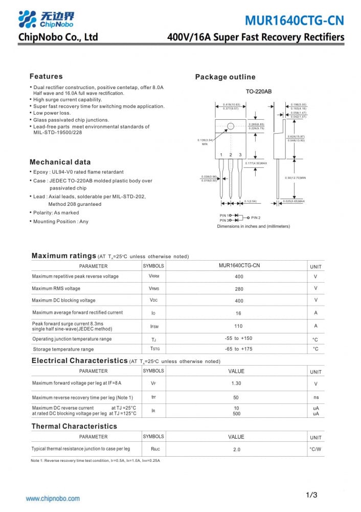 MUR1640CTG-CN datasheet page 1
