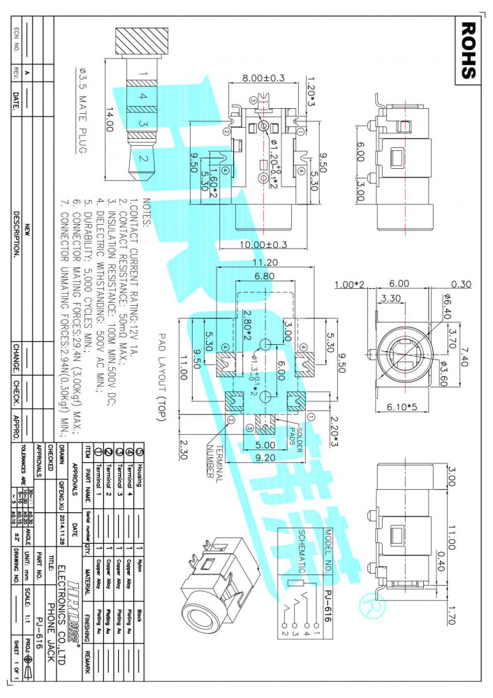 PJ-616 phone jack technical drawing preview