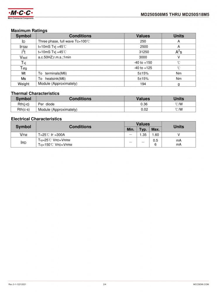 MCC MD250S08M5-BP datasheet page 2