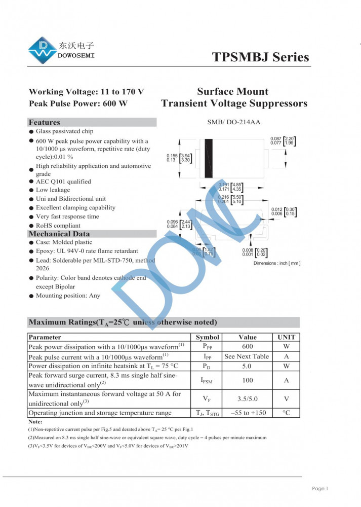 DOWO TPSMBJ54A datasheet page 1