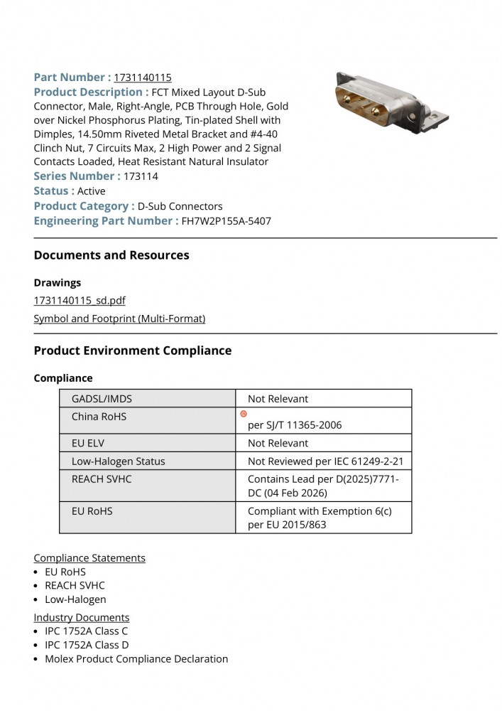 MOLEX 1731140115 product document, page 1