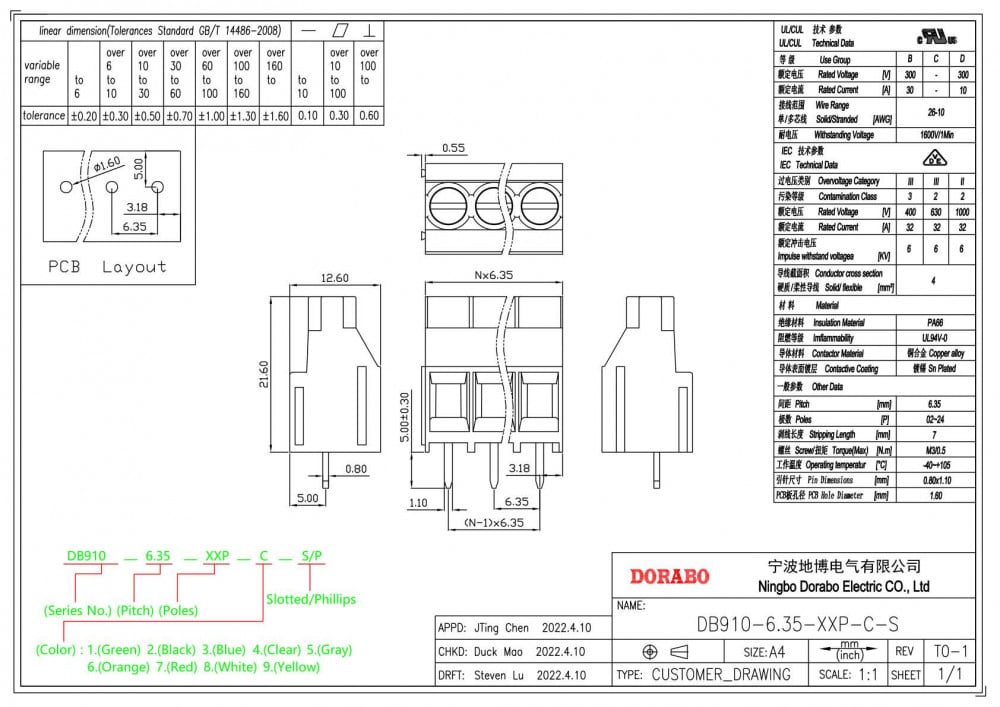 DORABO DB910-6.35-10P-GN-S technical drawing