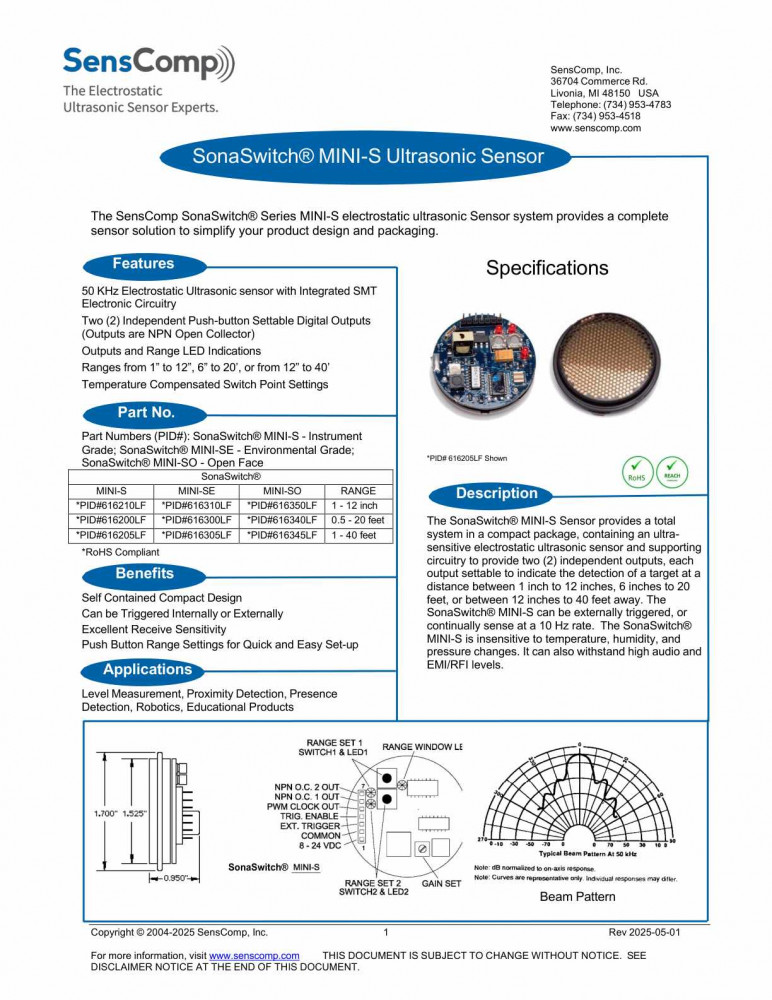 SensComp SonaSwitch MINI-S specification sheet, page 1