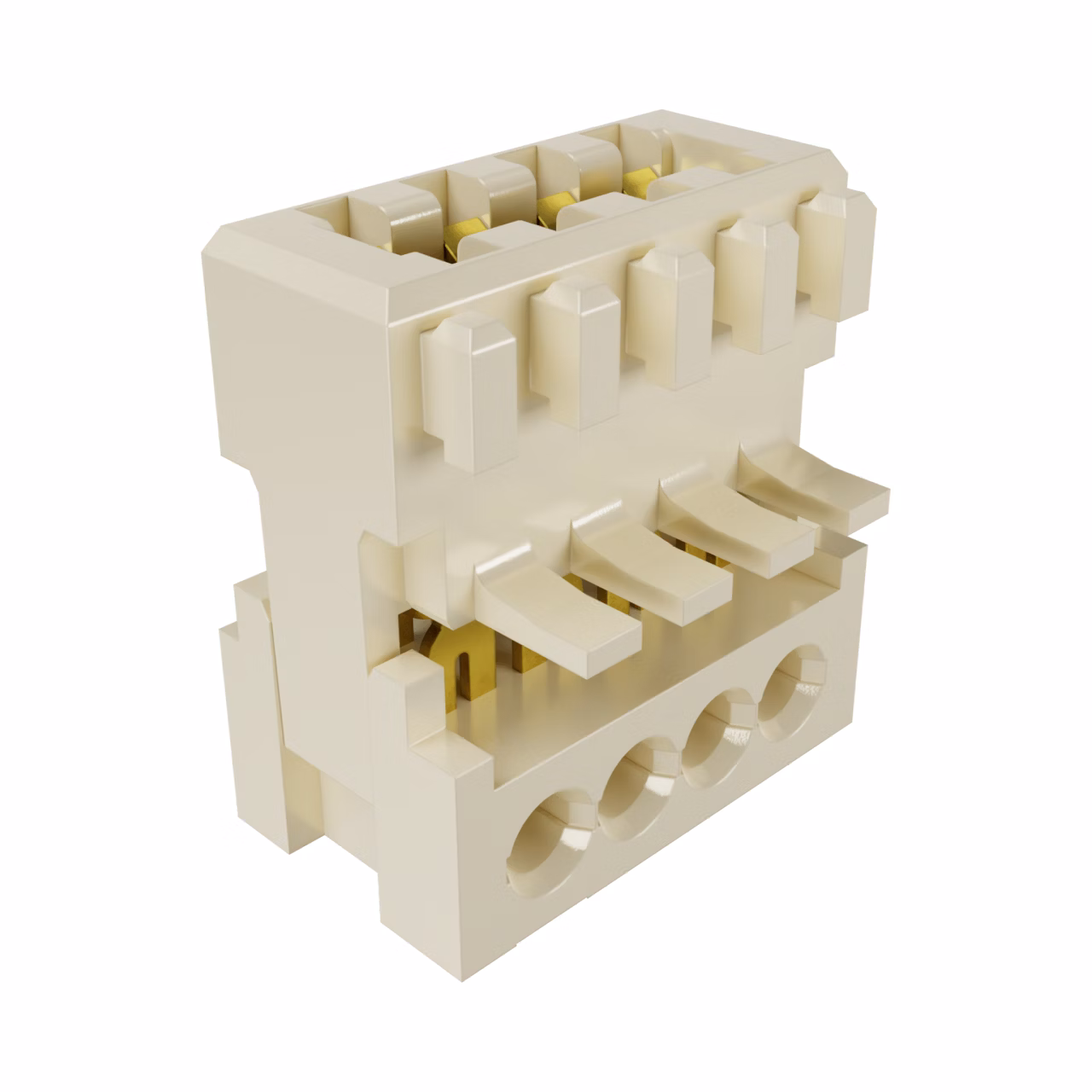 Appli-Mate RAST 2.5 Connector, 2.50mm Pitch, Female, 4 Circuits, No Position Keys Removed, Polarizing Rib Between 3/4, Locking Pips, Open Endwalls, Tin Plating