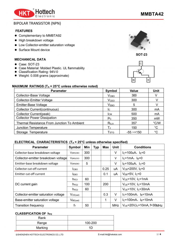 MMBTA42 technical document page 1