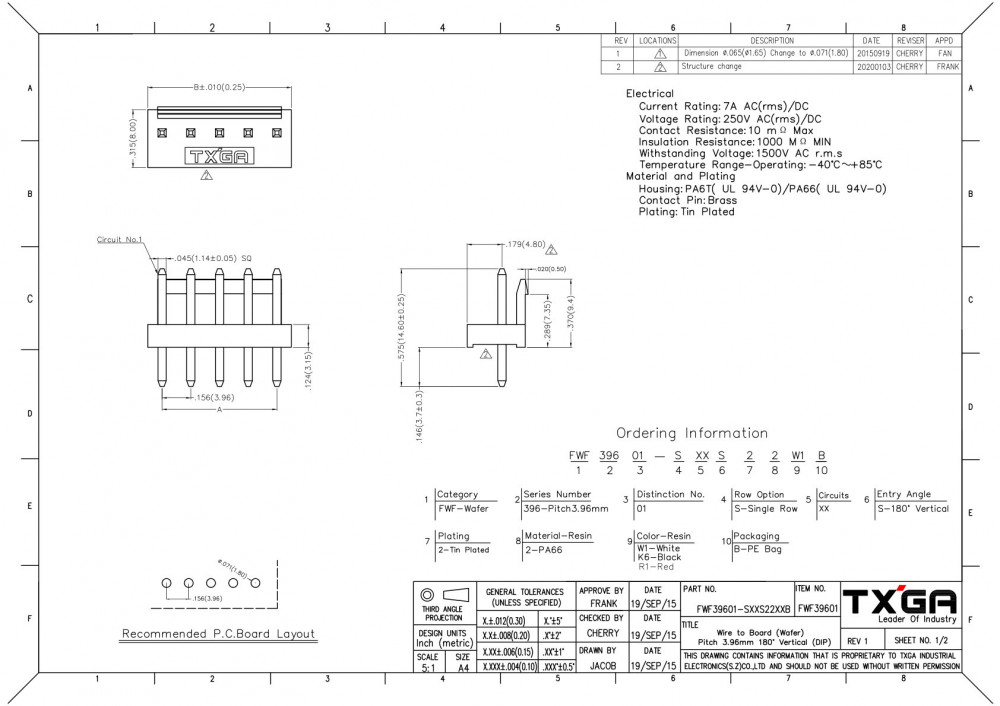 TXGA FWF39601 technical drawing page 1