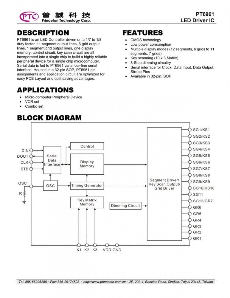 PT6961 datasheet page 1