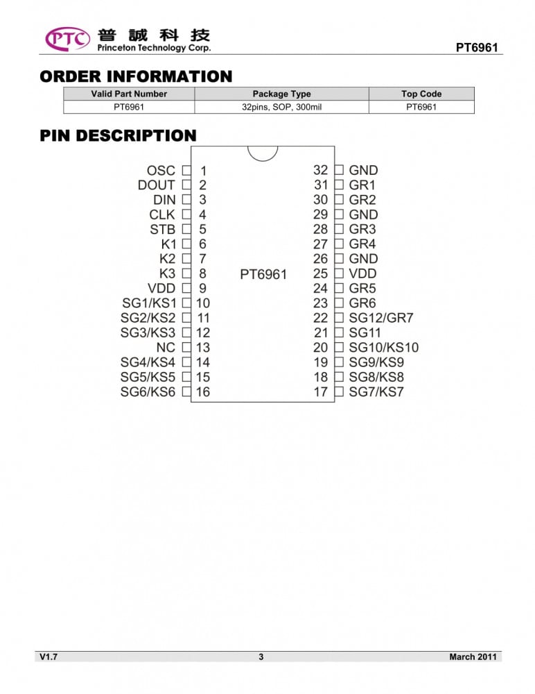 PT6961 datasheet page 3