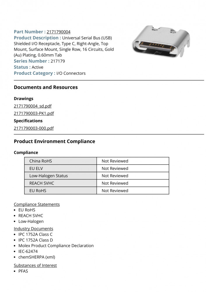 Technical document page 1 for MOLEX 2171790004