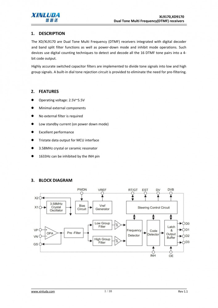XL9170 datasheet page 1