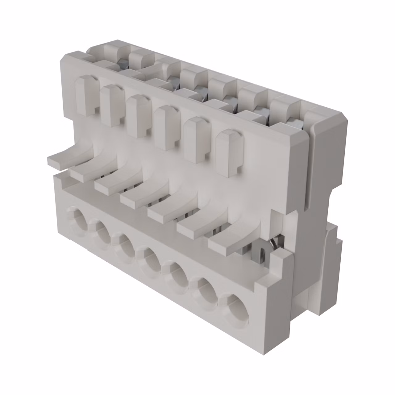 Appli-Mate RAST 2.5 IDT Housing, 2.50mm Pitch, Female, 7 Circuits, Beaded Terminal, Position Keys A & H Removed, Slotted Endwalls, Polarizing Rib Between Circuits 2 & 3 for sale