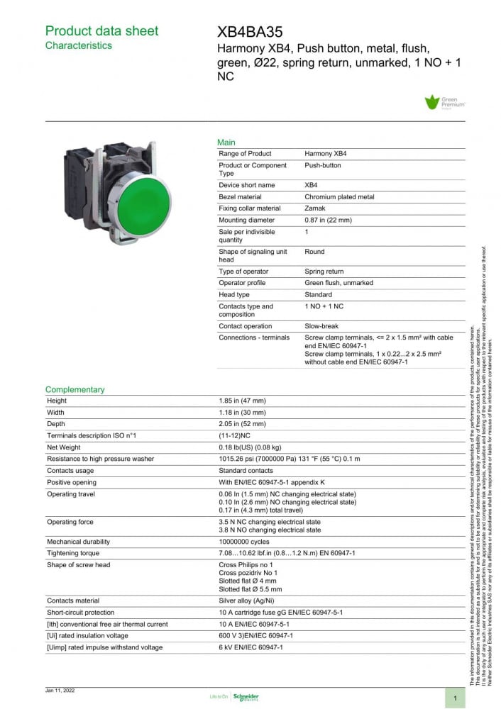 XB4BA35 technical document page 1
